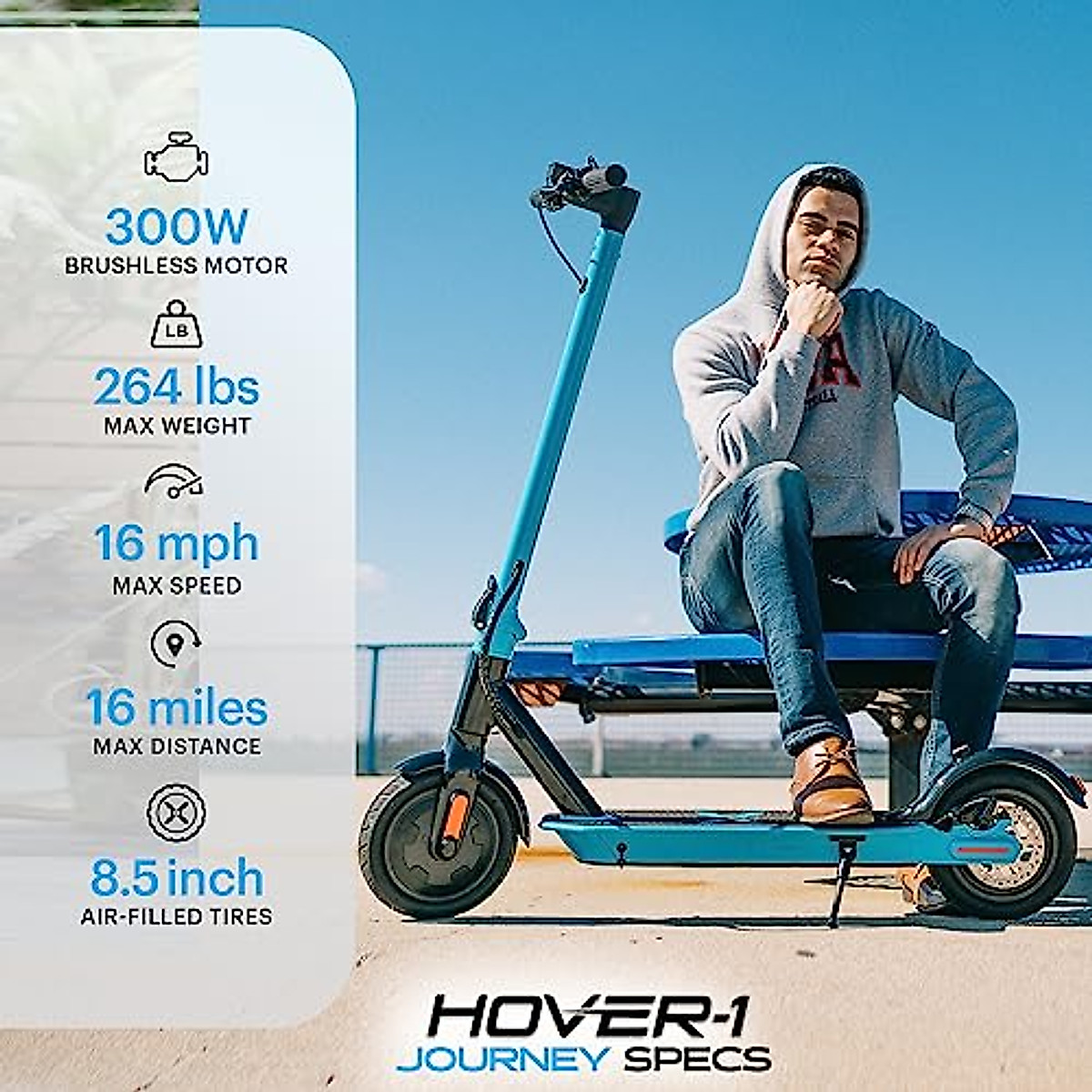 Hover-1 Journey Electric Folding Scooter | 16 MPH, 16 Mile Range, 5HR Charge, LCD Display, 8.5 Inch High-Grip Tires, 264LB Max Weight, Certified & Tested - Safe for Kids, Teens & Adults, Black