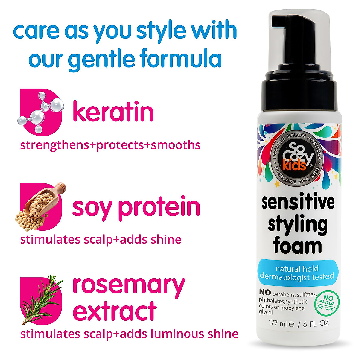 So Cozy Kids Sensitive Styling Foam - Sensitive Foam For Kids w/Straight or Curly Hair - Gentle Natural Hold Styler, Rosemary (6 fl oz)