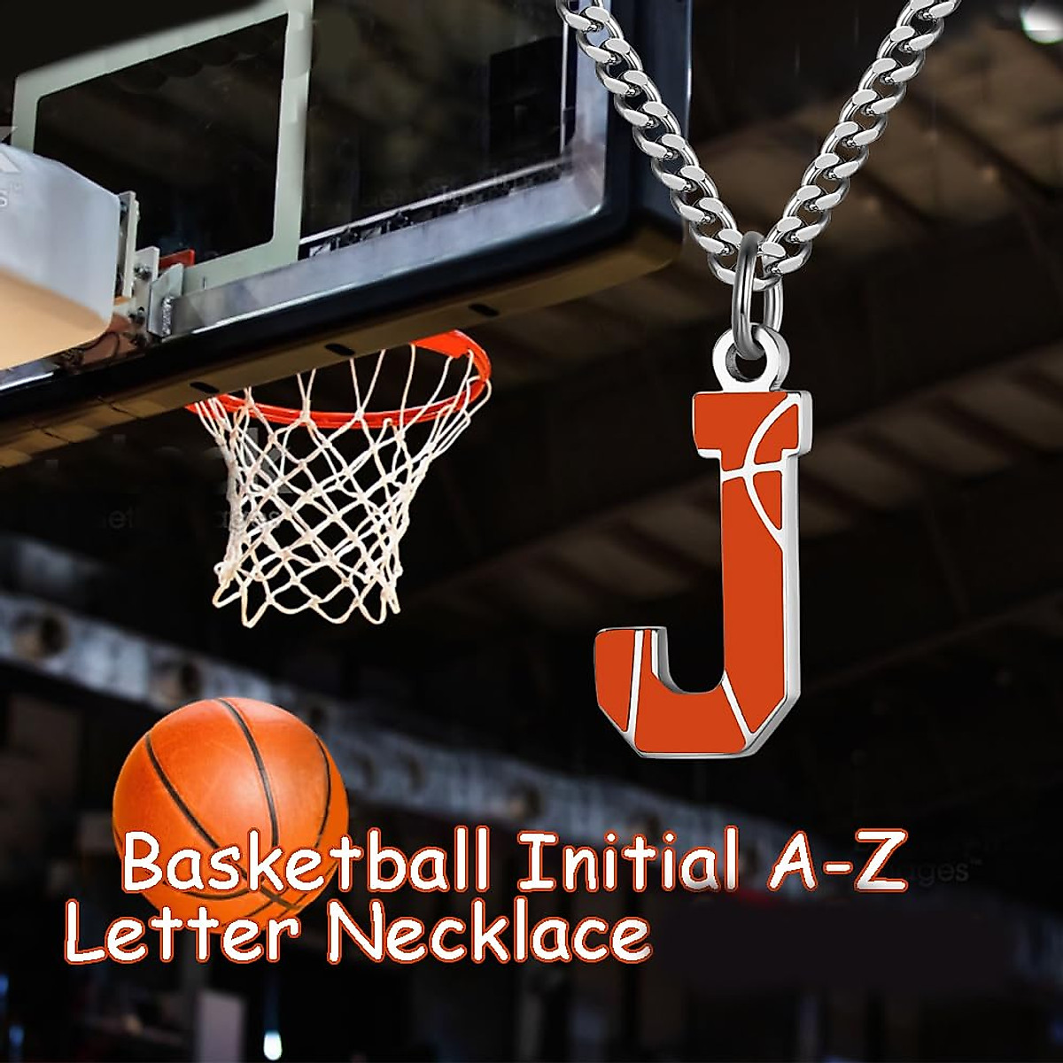 AIAINAGI Basketball Initial A-Z Letter Necklace for Men Basketball Charm Pendant Stainless Steel Silver Chain 22 inch Personalized Basketball Gift for Men(J)