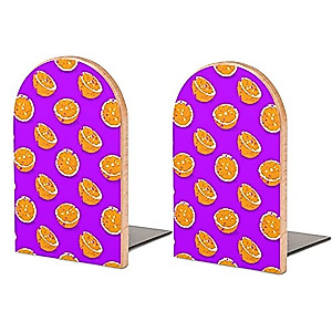 2 Pack Wood Bookends,Orange On Purple Decorative Book Ends Support for Shelves Desktop Organizer Wooden Bookshelf for Home School Office