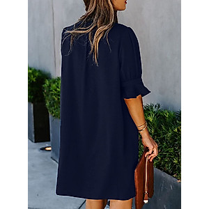 QACOHU Summer Dresses for Women 2025 Ruffle Sleeves Split V-Neck Straight Fit Solid Color Slim Dress Blue M