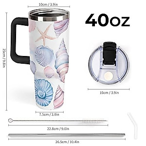 Watercolor Seashell Pattern Insulated Tumblers with Handle Stainless Steel Coffee Mug Funny Travel Cup with Lid Straw 40oz