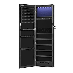 SONGMICS 6 LEDs Mirror Jewelry Cabinet, 47.2-Inch Tall Lockable Wall or Door Mounted Jewelry Armoire Organizer with Mirror, 2 Drawers, 3.9 x 14.6 x 47.2 Inches, Black UJJC093B01