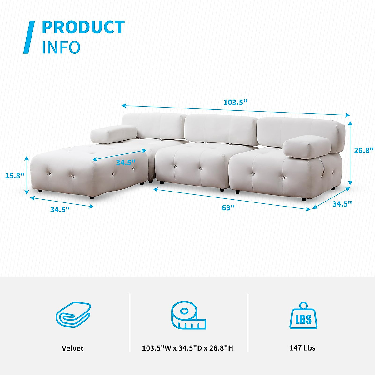 Mjkone Modular Sectional Sofa with Reversible Chaise, Velvet L Shaped Cloud Couch with Reversible Ottoman, 4 Seater Couch Button Tufted Designed Cloud Sofa, DIY Combination Sofa for Living Room,Beige