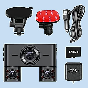 HUPEJOS V7PRO 3 Channel Dash Cam with 5GHz WiFi GPS, 4K Car Camera，128GB Card,4K Front+1080P Left or Right, 1440P+1080P+1080P Dash Camera for Cars, IR Night Vision,24 Hours Radar Detection