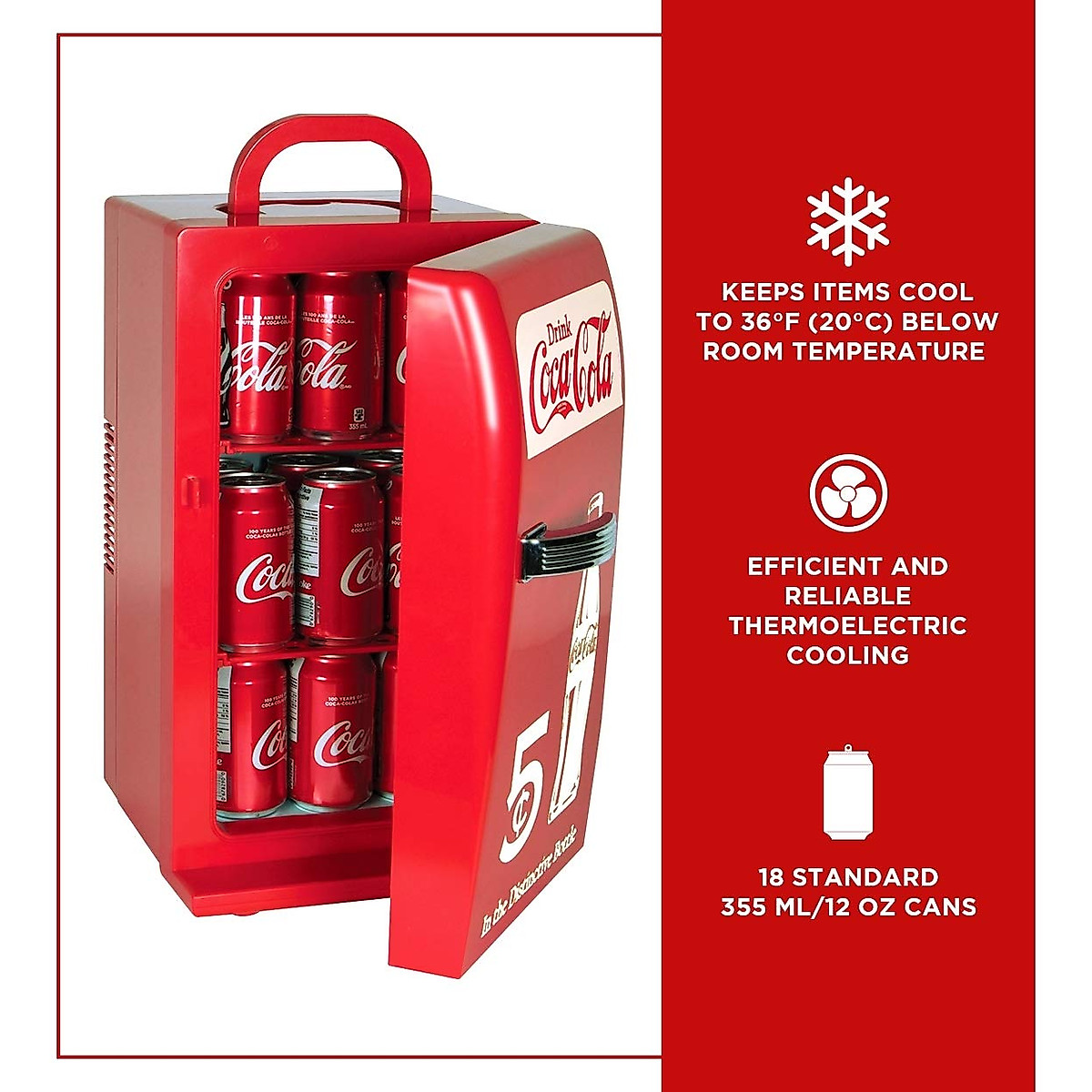 Coca-Cola Retro 18 Can Mini Fridge w/ 12V DC and 110V AC Cords, 22L (23 qt), Portable Cooler, Red, Travel Fridge for Drinks, Snacks, Lunch, Home, Office, Dorm Room, RV
