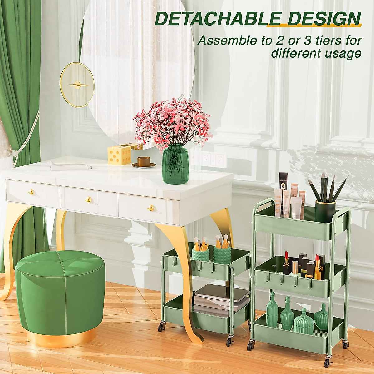 LEHOM 3 Tier Rolling Storage Cart, Metal Trolley Utility Cart with Wheels & Hooks, Easy Assembly Organizer Storage Cart for Bathroom Kitchen Office Bedroom (Green)