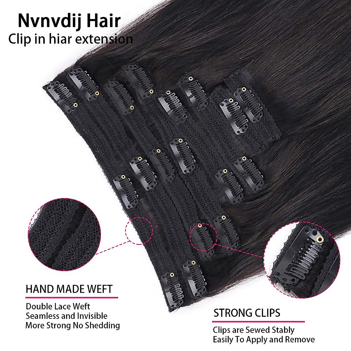 Nvnvdij Straight Clip in Hair Extensions Human Hair 8pcs Per Set with 18Clips Double Weft Clip in Human Hair Extensions Natural Black Color For Women (14 Inch, Straight Hair)