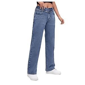 SweatyRocks Women's Casual Low Rise Wide Leg Jeans Chain Straight Leg Denim Pants with Pockets Medium Wash M