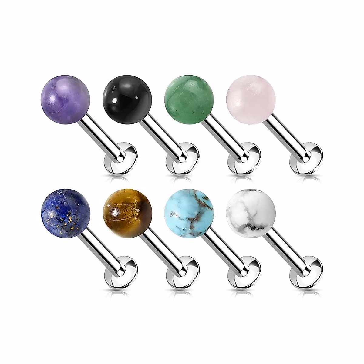 Covet Jewelry Natural Stone Internally Threaded 316L Surgical Steel Flat Back Studs for Labret, Monroe, Cartilage and More (16GA, L: 1/4" (6mm), Ball: 4mm, Howlite)