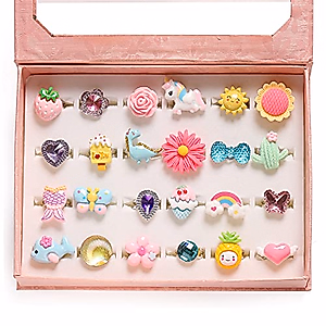 PinkSheep Little Girl Jewel Rings in Box, Adjustable, No Duplication, Girl Pretend Play and Dress Up Rings (24 Lovely Ring)