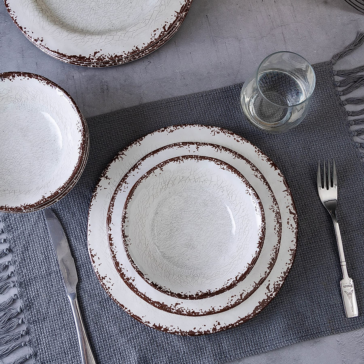 LEHAHA Vintage White Melamine Dinnerware set-12 Piece Lightweight Unbreakable Outdoor Camper Plates/Dishes and Bowls Set, Service for 4, Dishwasher Safe…