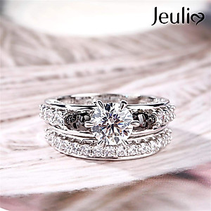 Jeulia 4Carat Women Curved Two Tone Skull Rings Sterling Silver White Diamond Bridal Ring Set Round Cut Halo Engagement Rings Cubic Zirconia Eternity Band Promise Wedding Anniversary (7)