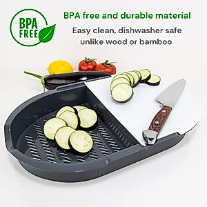 Kitchen Cutting Board with Container, Chopping Boards with Bins, 2 Compartment Large Storage Set, Sturdy Plastic, Organized, Closed Tray and Strainer, Dishwasher Safe (1 Pack, White-Gray)