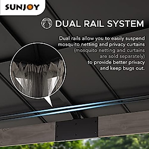 Sunjoy 12 x 16 ft. Wood Gazebo, Outdoor Patio Steel Hardtop Gazebo, Cedar Framed Wooden Gazebo with 2-Tier Metal Roof, Suitable for Patios, Lawn and Backyard, Matte Black Roof + Gray Wood Frame