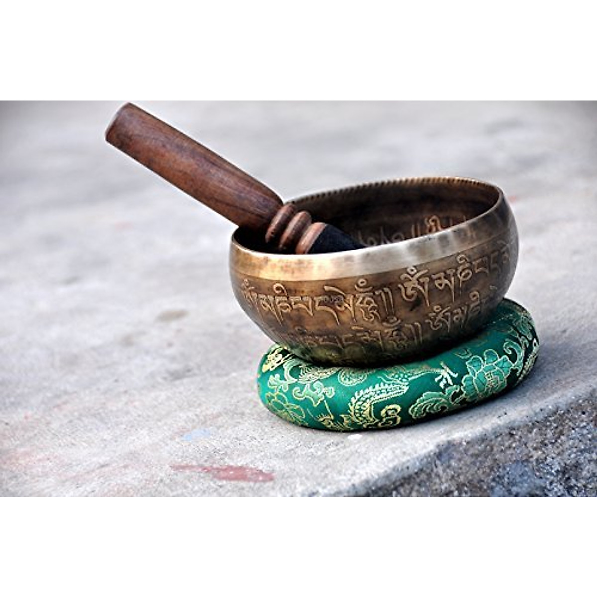 4" Mantra Carved Buddha Tibetan Singing Bowl, Hand Hammered Nepal Yoga Singing Bowls with "Om Tingsha"Cushion & Mallet Striker
