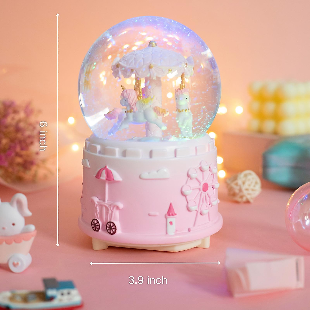 Unicorn Musical Snow Globe for Kids Girls Carousel Music Box with 7 Led Lights Swirling Glitter for Birthday Valentines