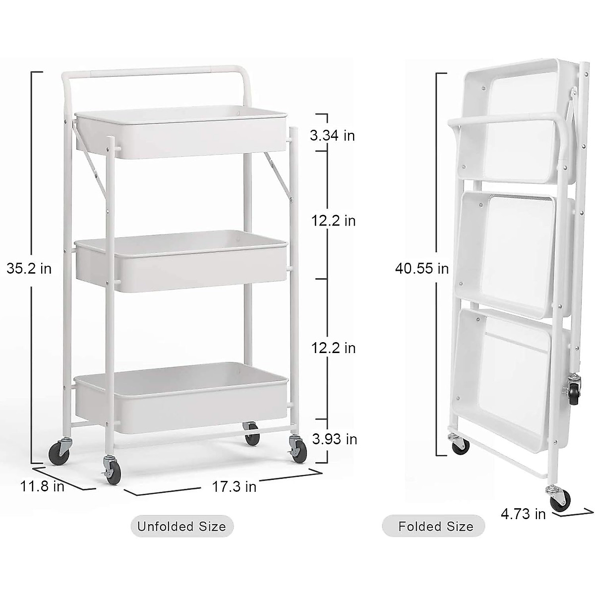 3 Tier Rolling Cart Foldable Storage Cart with Wheels No Assembly Request Kitchen Utility Organizer with Handing Cup, White