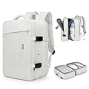 Large Travel Backpack for Women,Carry On Backpack,Expandable Airline Airplane Approved Weekender Backpack,Hiking Backpack,Laptop Backpack with USB Charging Port,Waterproof 40L Backpack Bag, White