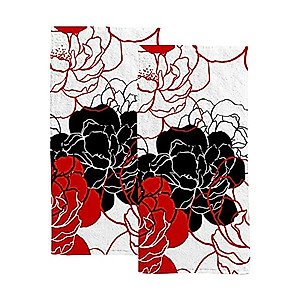 Vantaso Peonies Flower Black Red Hand Towels Set 2 for Bathroom Kitchen Towels Microfiber Bath Towel Absorbent Fingertip Towel Multiprupose for Guest Gym Spa and Bar 30 x 15 inch
