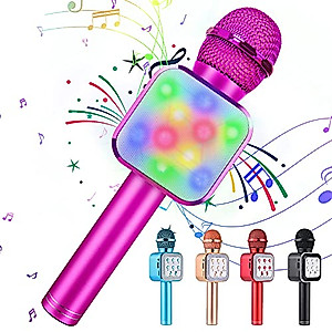 KIDWILL Wireless Bluetooth Karaoke Microphone for Kids, 5-in-1 Portable Handheld Karaoke Mic Speaker Player Recorder with LED Lights for Kids Girls Boys Teens Birthday (1818-Hot Pink)