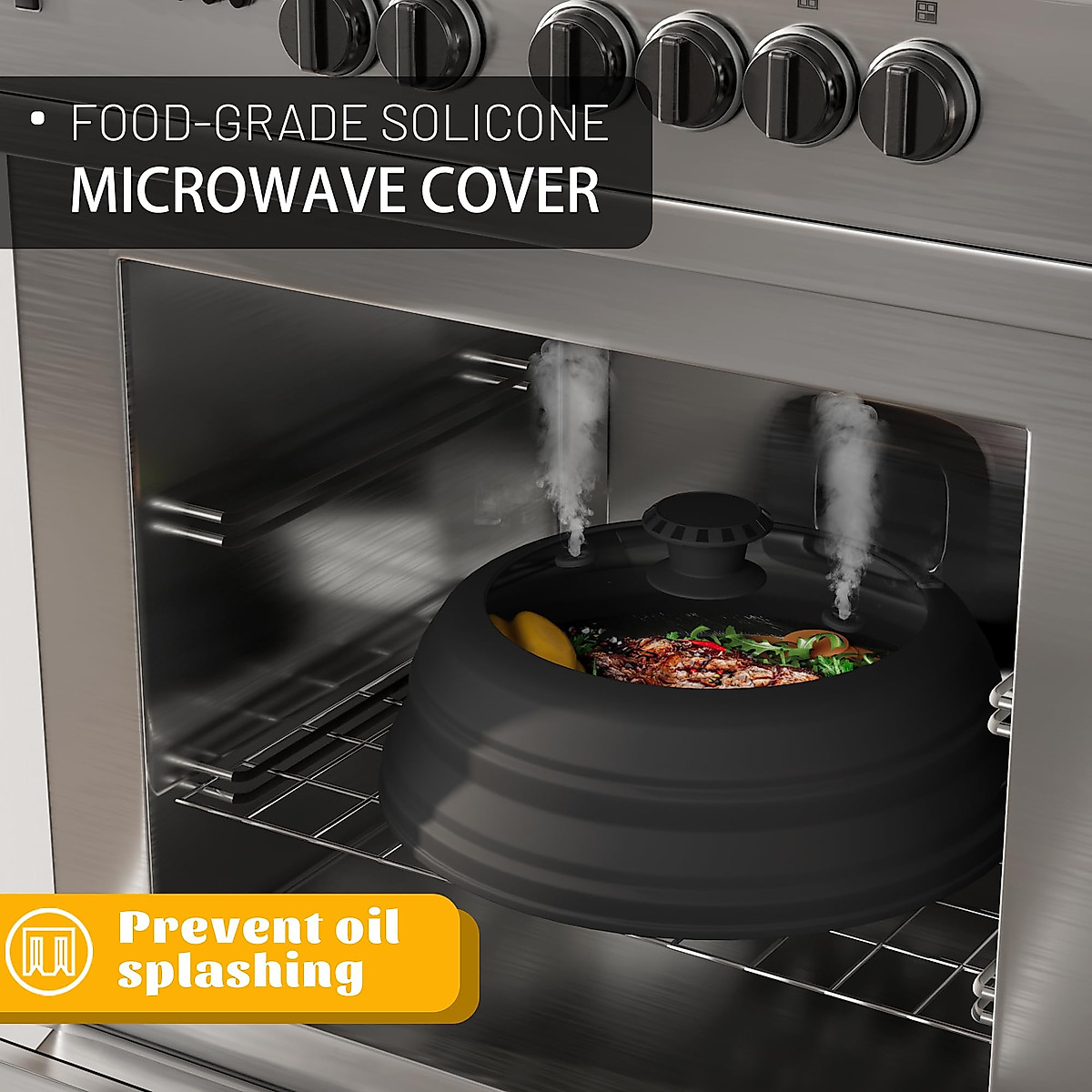 Microwave Splatter Cover, Vented Silicone and Glass Cover Splatter Guard Lid, Food Collapsible Plate Cover Lid with Easy Grip Handle, Anti-Splatter Lid Fits 6-7- 8-9 inch Plates & Bowls.