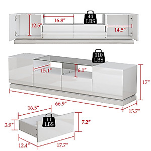 FAMAPY Modern TV Console Table with Lights & Glass Shelves, High Gloss TV Cabinet Media Console with Drawers and Doors, for Living Room White (66.9”W x 15.7”D x 17”H)