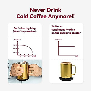 CERA+ Temperature Controlled Smart Mug 2, Self-Heating Coffee Mug with Lid, 90 Minutes Battery Life, APP or Manual Control (Gold - 14 oz)