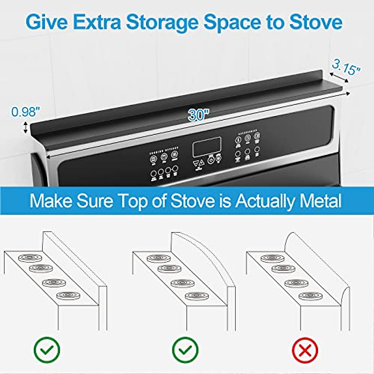 EMBATHER Magnetic Shelf for Kitchen Stove, 30'' Stove Top Shelf Over The Stove, Stove Spice Rack Fits for Flat Top Stove, Kitchen Storage Organizer, Black