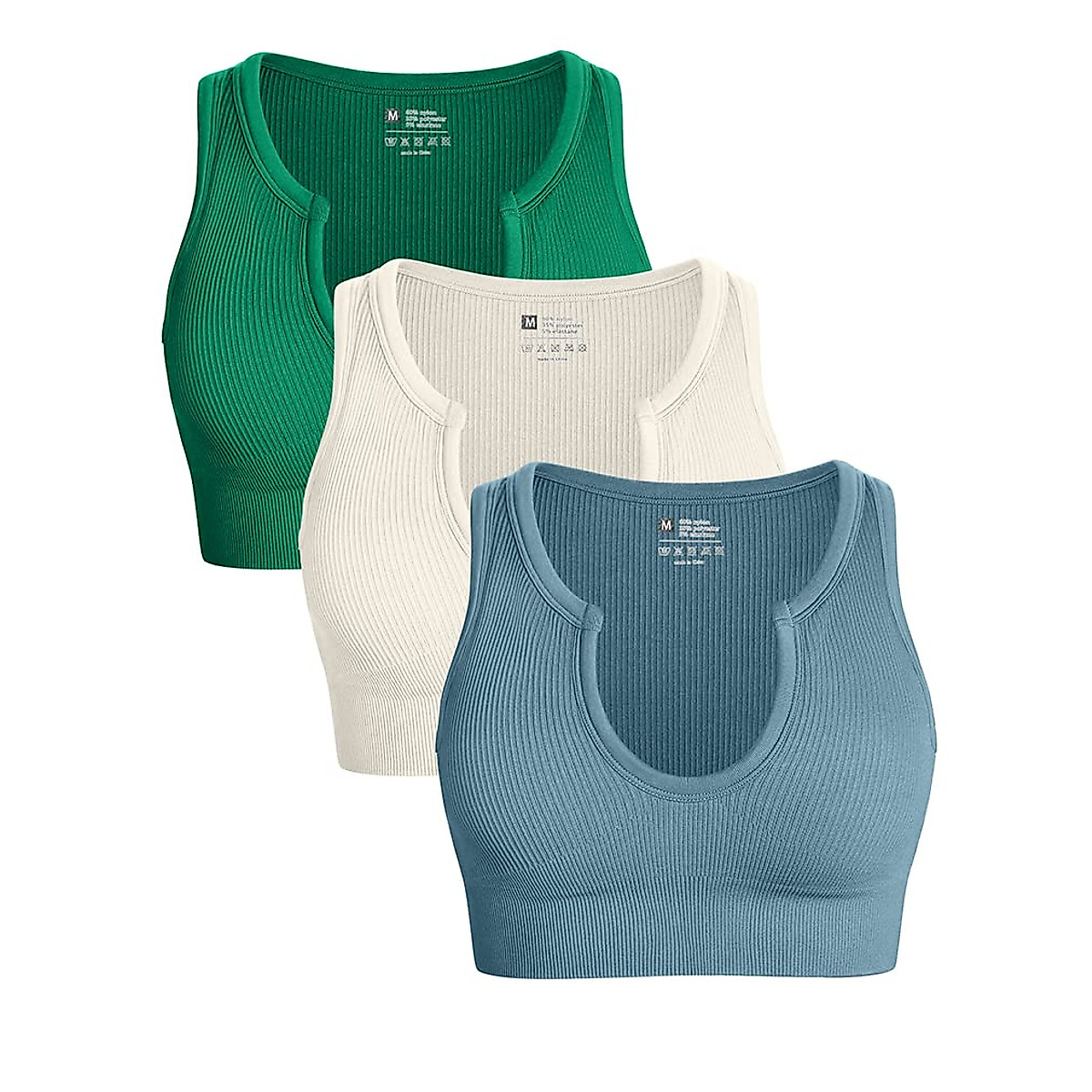 OQQ Women's 3 Piece Medium Support Crop Top Seamless Ribbed Removable Cups Workout Yoga Sport Bra Green Beige Blue