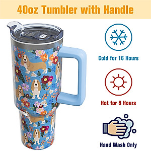 owbgsdh Basset Hound Gifts for Women Dog Lovers 40 oz Floral Basset Hound Tumblers with Handle and Straw, Stainless Steel Vacuum Insulated Travel Coffee Mug Cup Water Bottle