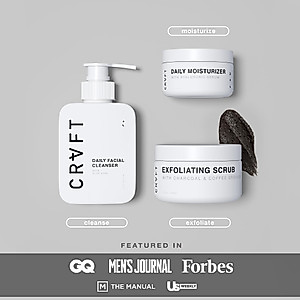 CRVFT Men’s Facial Care Kit | Aloe Vera Face Wash 3oz | Hyaluronic Moisturizer 1oz | Charcoal Exfoliating Scrub 1.7oz | 3 Piece Complete Daily Skin Care System | Look + Feel Your Best [Scented]