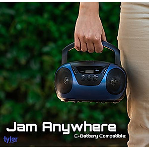 Tyler Portable CD Player Boombox Radio AM/FM Top Loading AC & Battery Compatible Aux Input & 3.5mm Headphone Jack Small Lightweight Compact Boom Box Home Stereo Speaker Carrying Handle Kids Room Blue