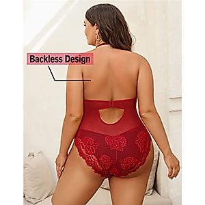Avidlove Plus Size Lingerie for Women Snap Crotch Lace Bodysuit Teddy Lingerie One Piece Babydoll Nightgown Wine Red