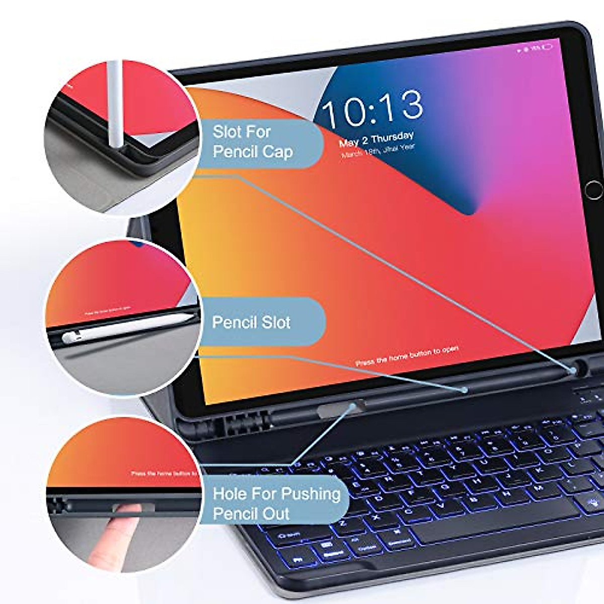 Keyboard Case for iPad 9th Generation 10.2 inch 2021, iPad 8th /7th Gen Case and Keyboard Detachable Wireless, 7 Color Backlight Tablet Keyboard with Slim Folio Case, Built-in Pencil Holder Black