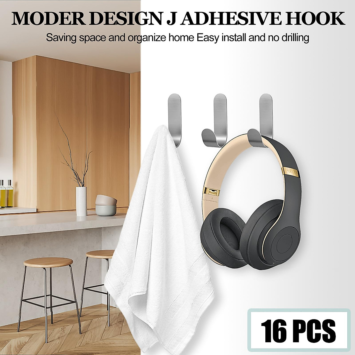 16 pcs Adhesive Hooks, Silver Command Hooks，Wall Hooks Heavy Duty 304 Stainless Steel Wall Hooks Adhesive for Hanging Jackets, Party Light Strip, Kitchenware, Keys, Bags and Hats (Silver)