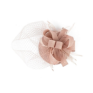 Gionforsy Pillbox Fascinator Veil Feather Derby Hat Lace Gloves Pearl Necklace (Style 8-Pink)