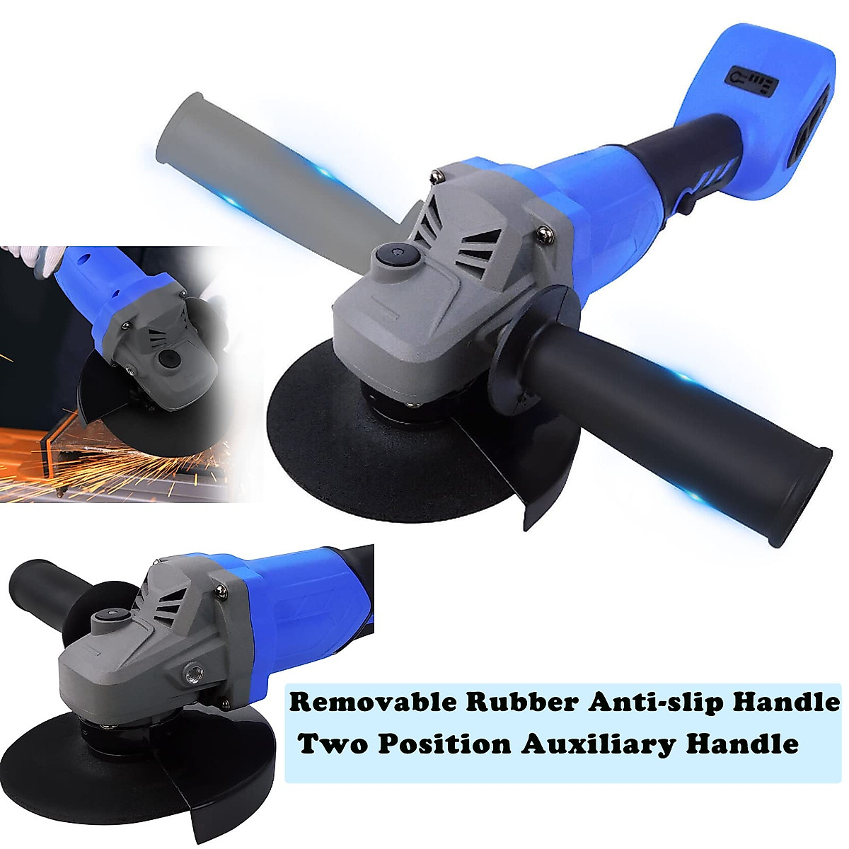 125mm Cordless Angle Grinder with Battery and Charger, Grinders Power Tools Electric Brushless Angle grinder with 90° Left/Right Side Handle & 2 Variable Speed for Metal, Tile Cutting and Grinding