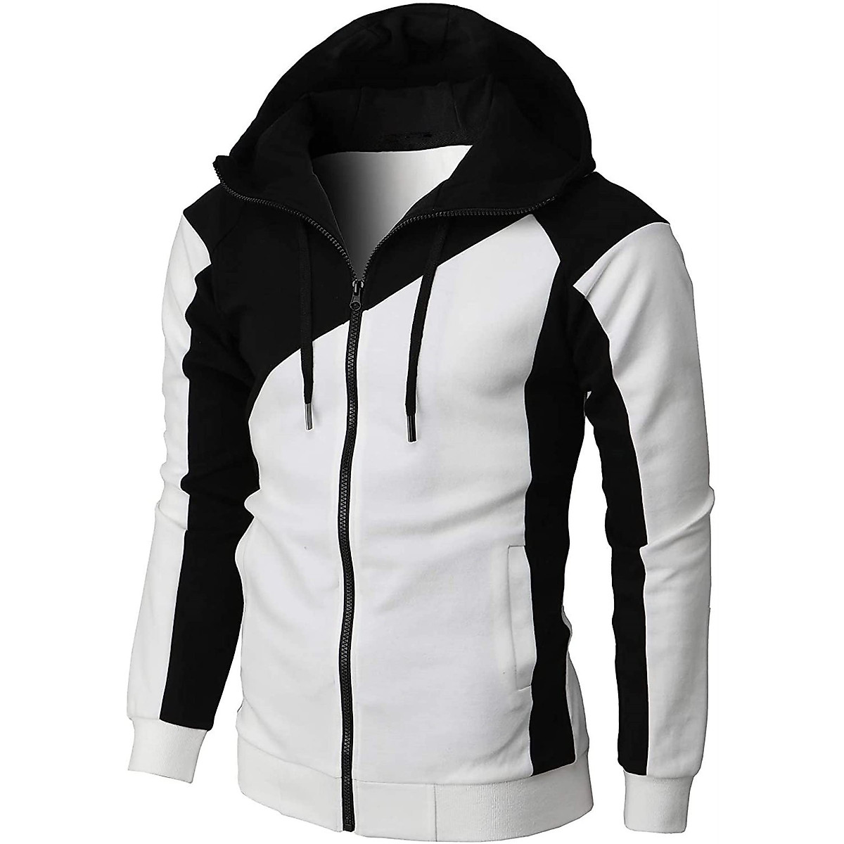 Maiyifu-GJ Men's Fleece Hoodies Full Zip Lightweight Color Block Hoodie Long Sleeve Zip-up Hooded Sweatshirt With Pocket (White,Medium)