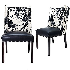 Sole Designs Rexford Collection Faux Leather and Fabric Upholstered Wingback Dining Chair with Holstein Pattern and Nailhead Trim, Set of 2, Black
