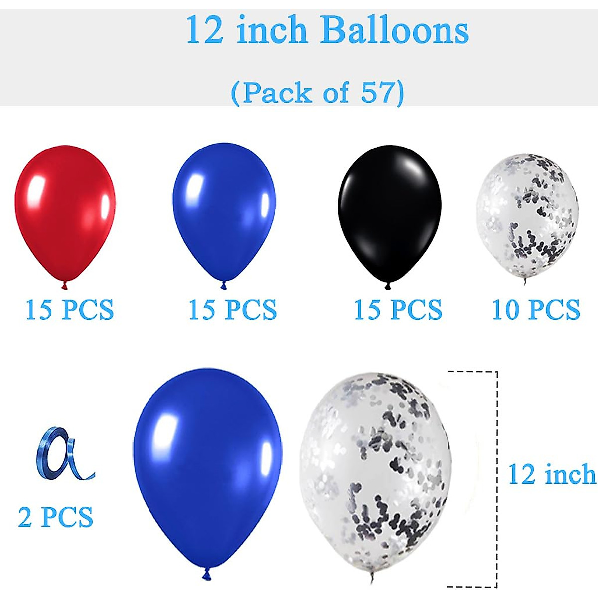 Red Blue Black Balloon Kit,12-Inch Latex Royal Blue Red Black Balloons with Metallic Silver Latex Balloon for Theme Party Boys Kids Birthday Baby Shower Graduation Party Decorations