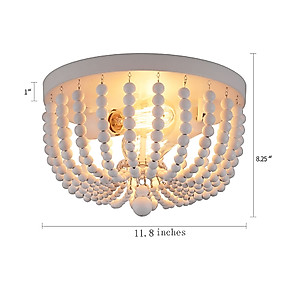 Q&S White Flush Mount Ceiling Light Fixtures,2-Lights Wood Beaded Boho Chandeliers for Nursery Baby Bedroom Dining Room Living Room Kitchen Hallway W11.81