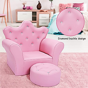 Costzon Kids Sofa, Children Upholstered Sofa with Ottoman, Princess Sofa with Diamond Decoration, Smooth PVC Leather Toddler Chair, Kids Couch for Boys and Girls, Gift for Toddlers (Pink)