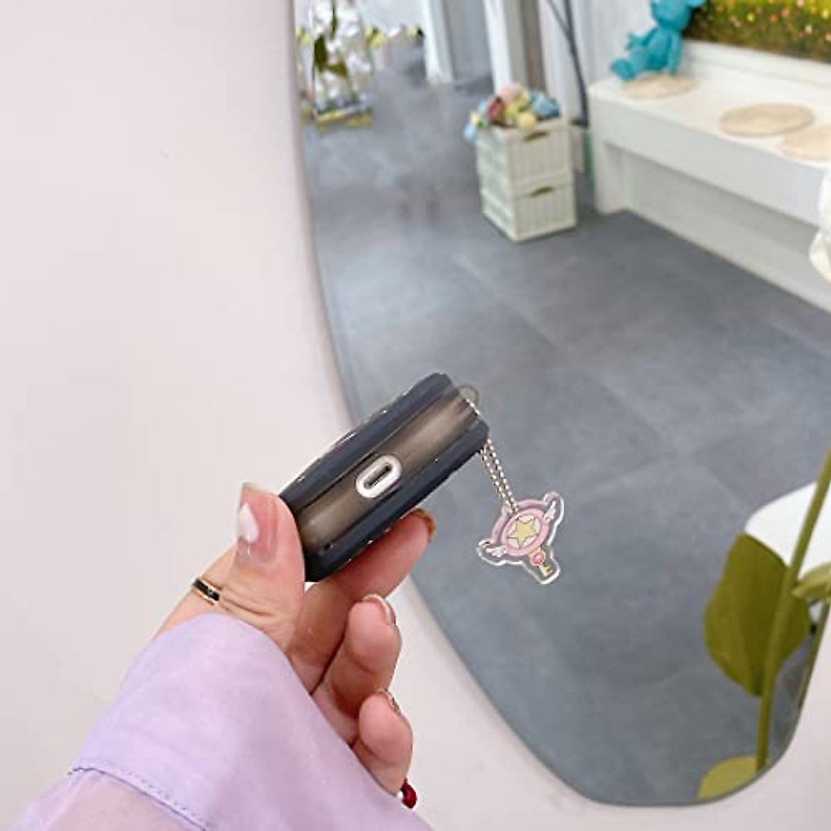 Soft TPU Case with Beads Chain Charm for Apple AirPods Pro AirPodsPro 2019 Generation Sakura Crystal Magical Wand Black Color Japanese Cartoon Anime Cute Lovely Adorable Girls Kids Women