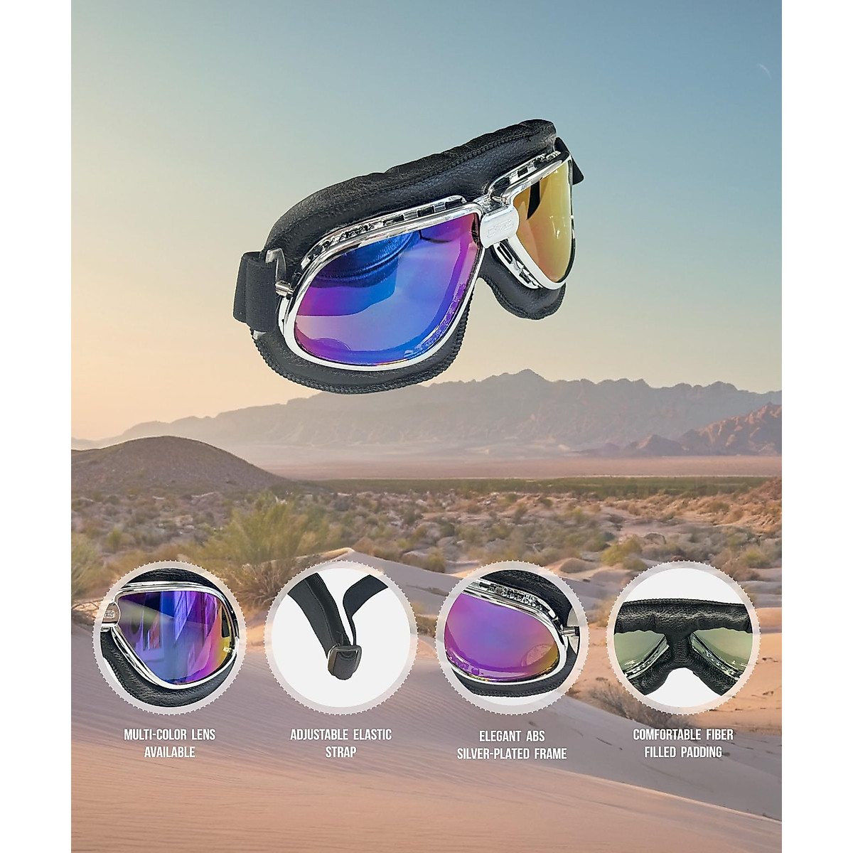 CRG Sports Motorcycle Goggle Aviator Pilot Style Cruiser Scooter Motocross Goggles for Men, Women, Adults