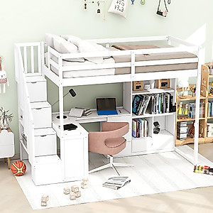 SOFTSEA Twin Loft Bed with L-Shaped Desk & Stairs, Wood Loft Bed with Desk and Storage Staircase, Twin Loft Bed with Bookcase and Storage Drawers, High Loft Bed with Desk for Kids Teens Adults, White