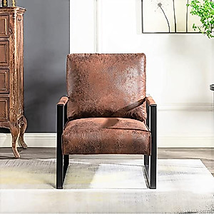 Container Furniture Direct Classic Mid Century Modern Accent Chair with Durable Square Metal Frame, Armchair for Living Room, Bedroom, Home Office in Spotted Microfiber Upholstery, Brown