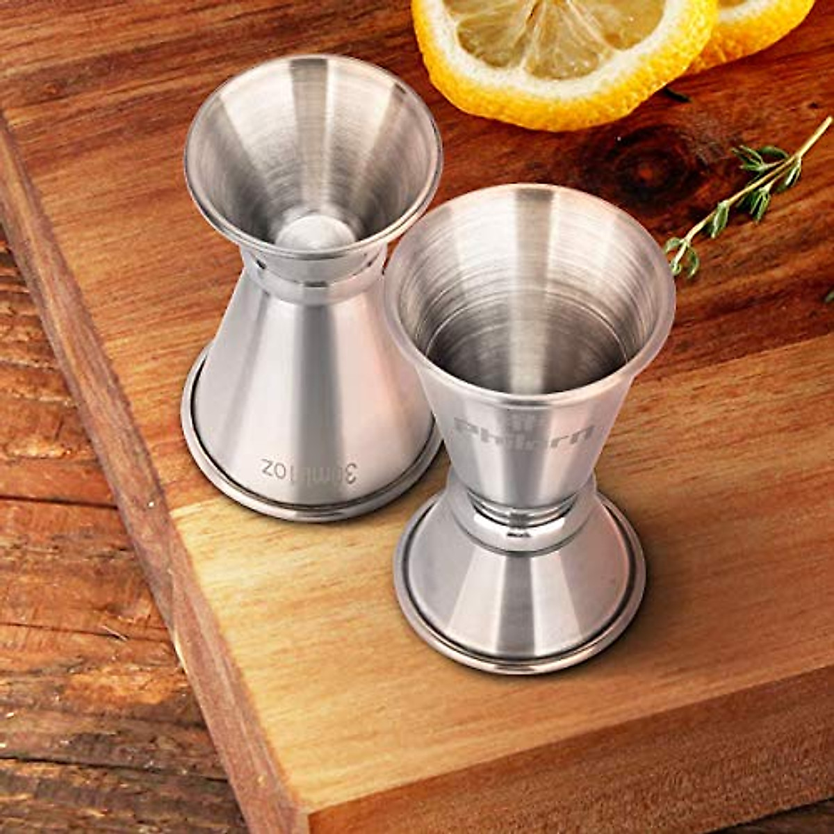 PHILORN 2 Set Double Jigger 0.5 & 1 oz 304 Stainless Steel with Recipe 15ml & 30ml Measuring Cup Measure Liquor Quickly Accurately Cocktail Jigger Round Edge and Thin Waist for Comfort Holding