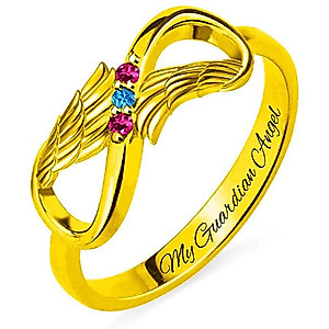 EBAT Angel Wings Ring for Women Angels Wing Birthstone Rings Mothers Day With 3 Birthstones Mother Daughter Ring Infinity Personalized Engraved Custom Name Sterling Silver Mom (1)