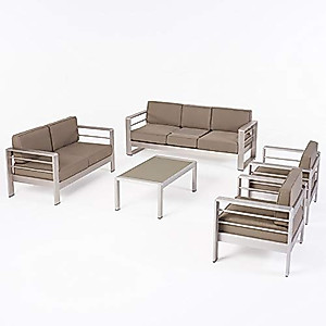 Christopher Knight Home Nicole Outdoor 7-Seater Patio Sofa Set with Coffee Table, Silver + Khaki